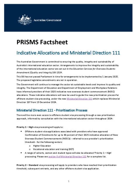 PRISMS Factsheet : Indicative Allocations and Ministerial Direction 111 - Department of ...